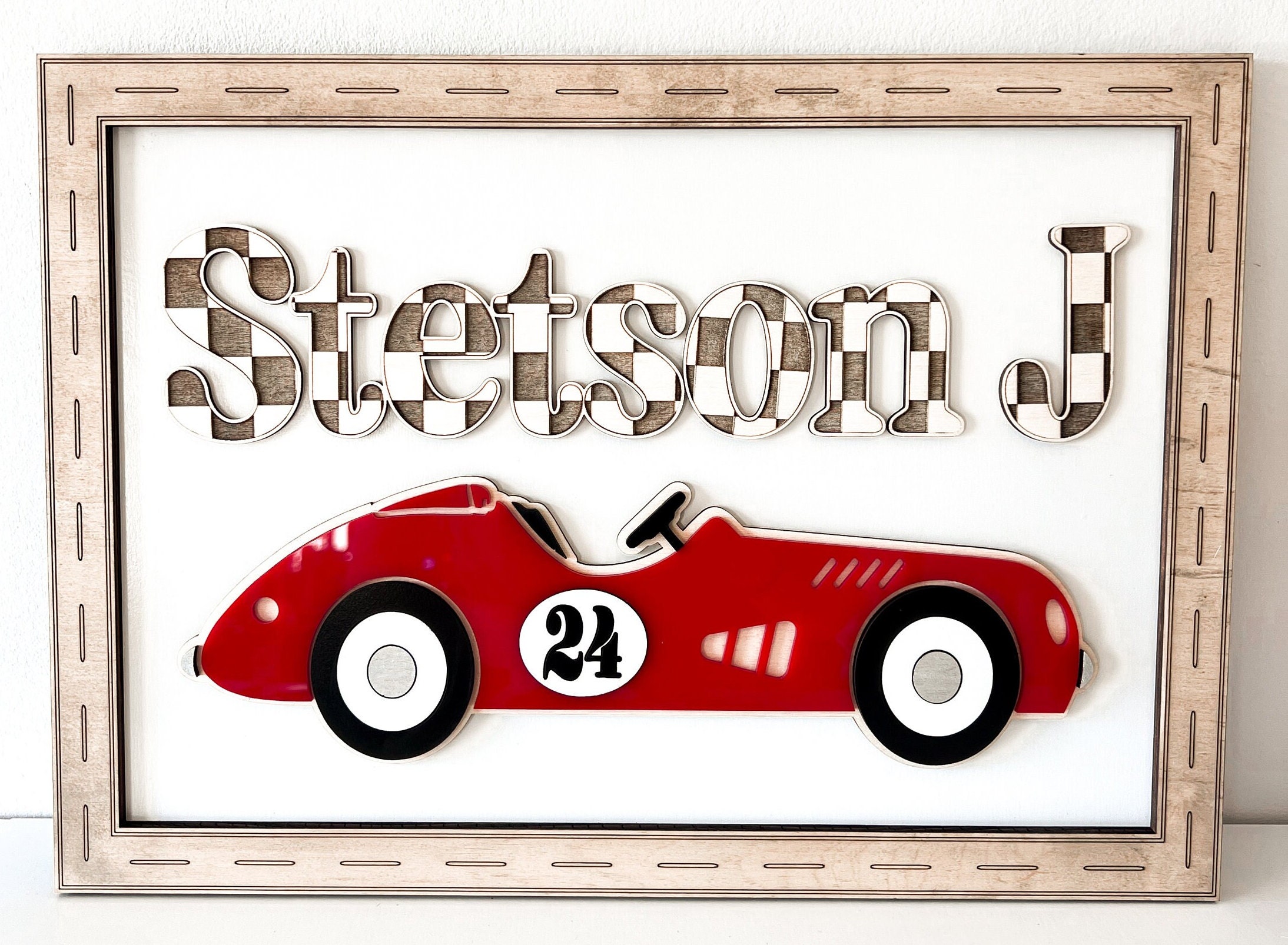 Cute Customizable Race Car Baby Name Sign and Checkered Alphabet Laser ...