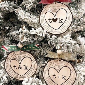 Customizable Wood Slice Love Initials Ornament / Charm and Stand Laser ...