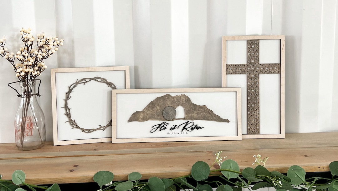 Beautiful Easter Mantle Sign Set Tomb, Cross, and Thorn Crown Laser Cut ...