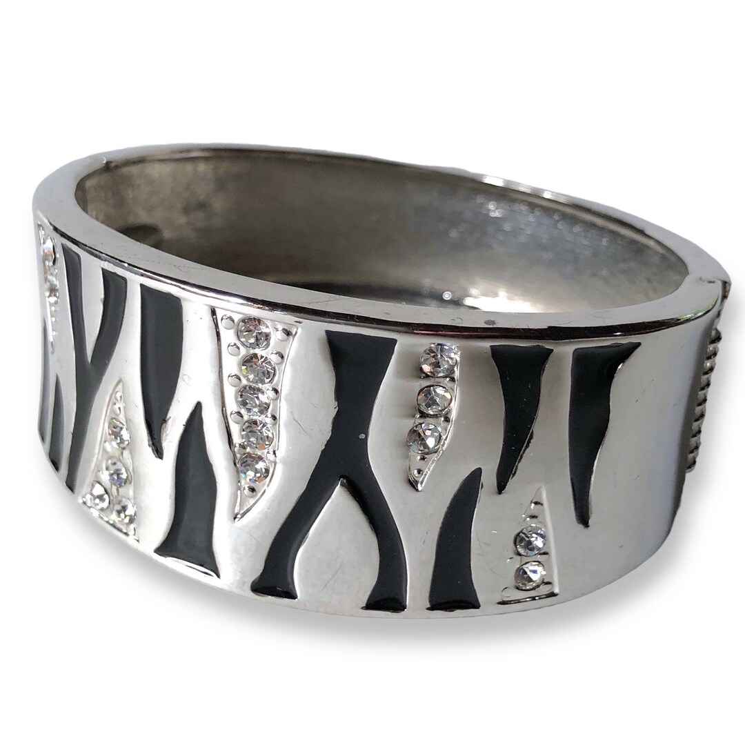 Silver Style Enamel Tiger Stripe Hinged Bangle With Crystal Accent ...