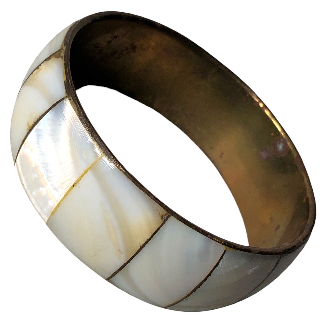 Mother of Pearl & Brass Bangle, Shell Bracelet, Brass Bracelet, MOP Panel Bangle, Retro Boho ...