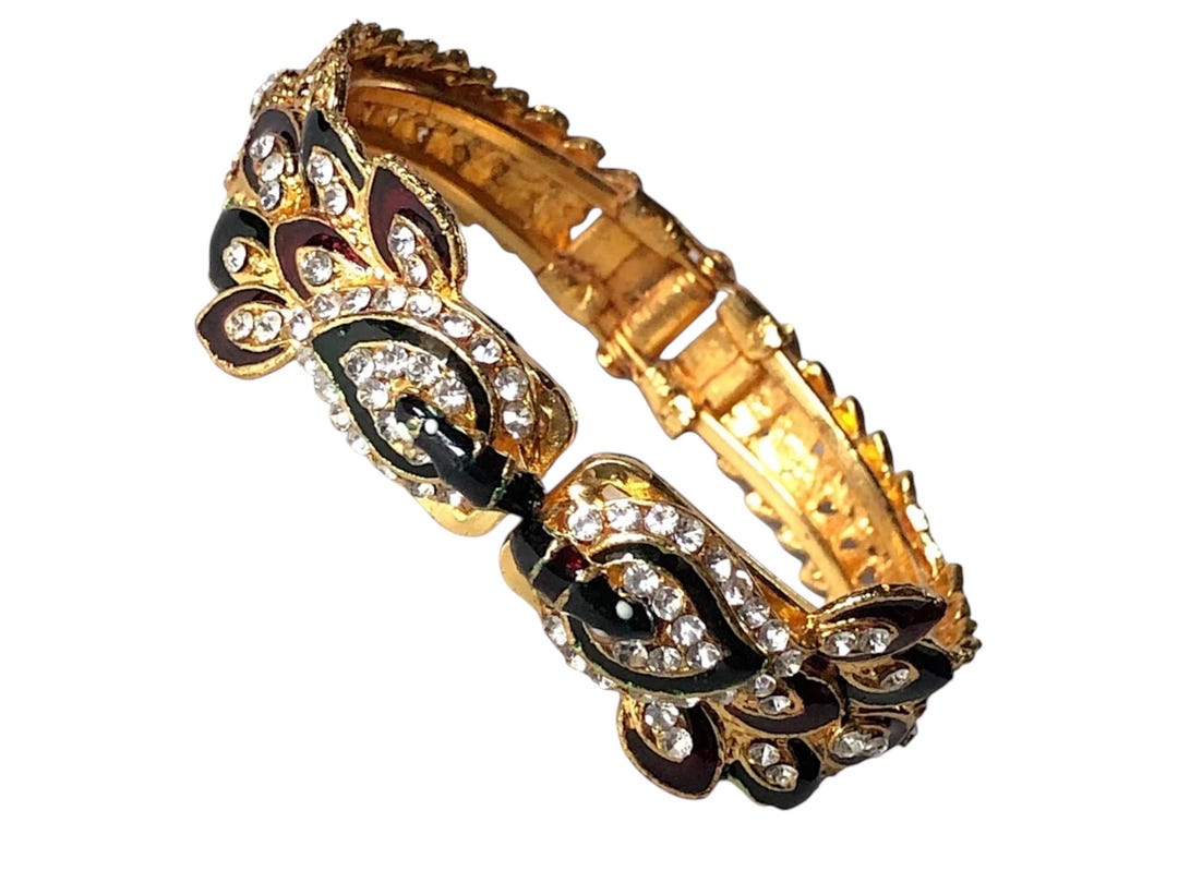 Ethnic Indian Gold Tone Peacock Clamper Bangle With Red and Black ...