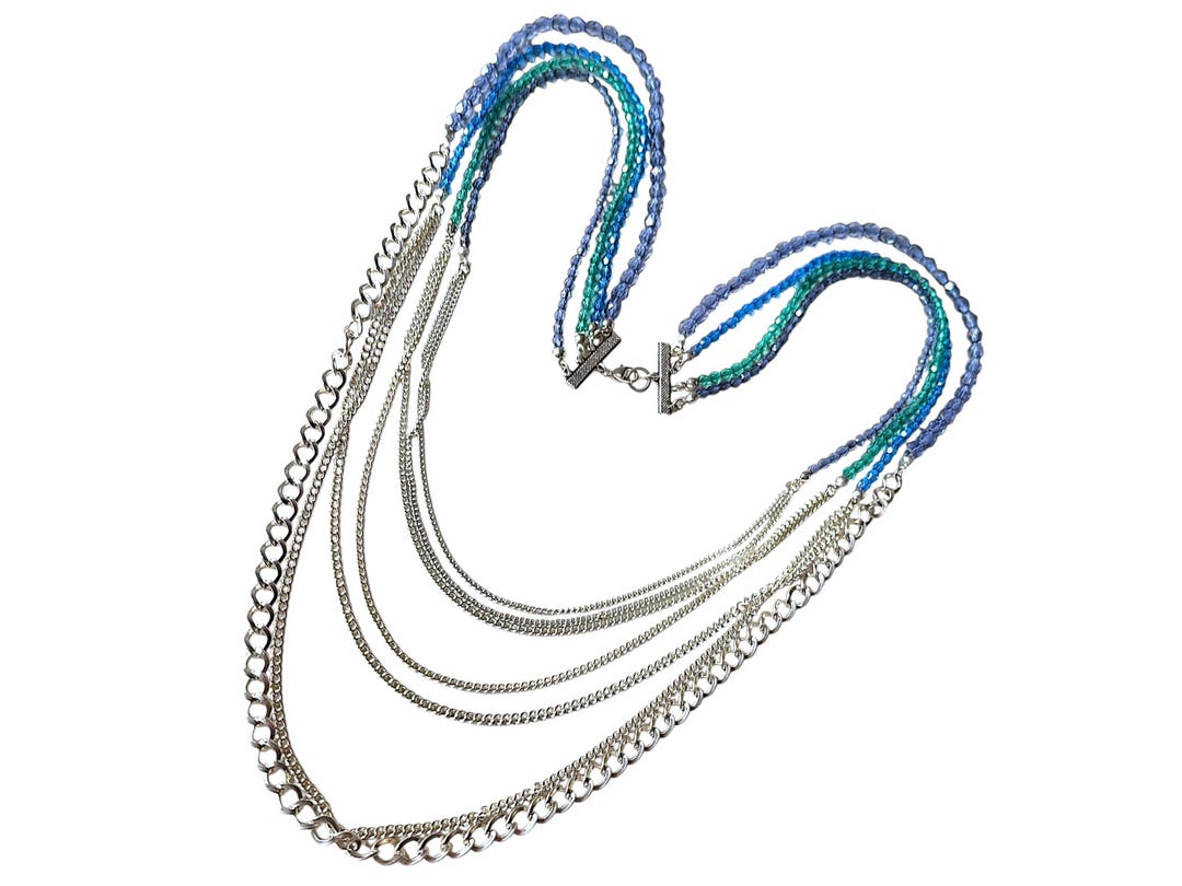 Vintage Layered Silver Chains Blue Green Crystal Bead Multi Strand ...