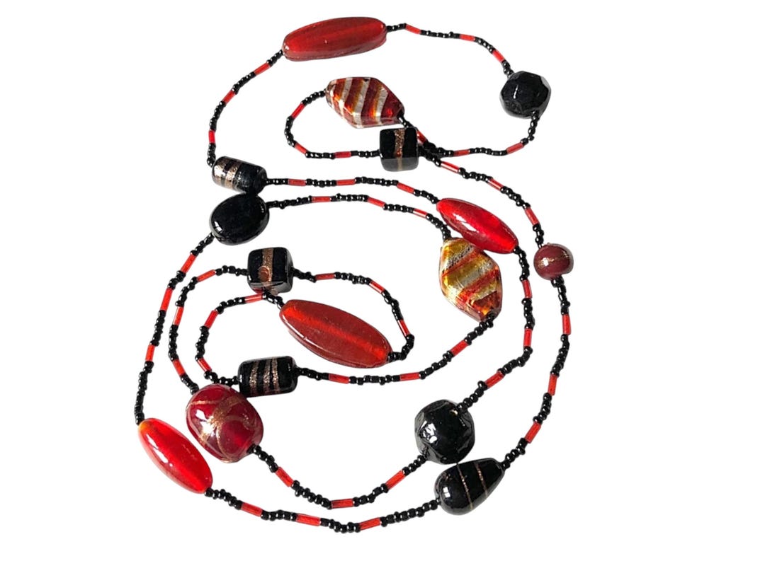 Red, Black & Gold Striped Glass Bead Flapper Necklace - 40" - Etsy