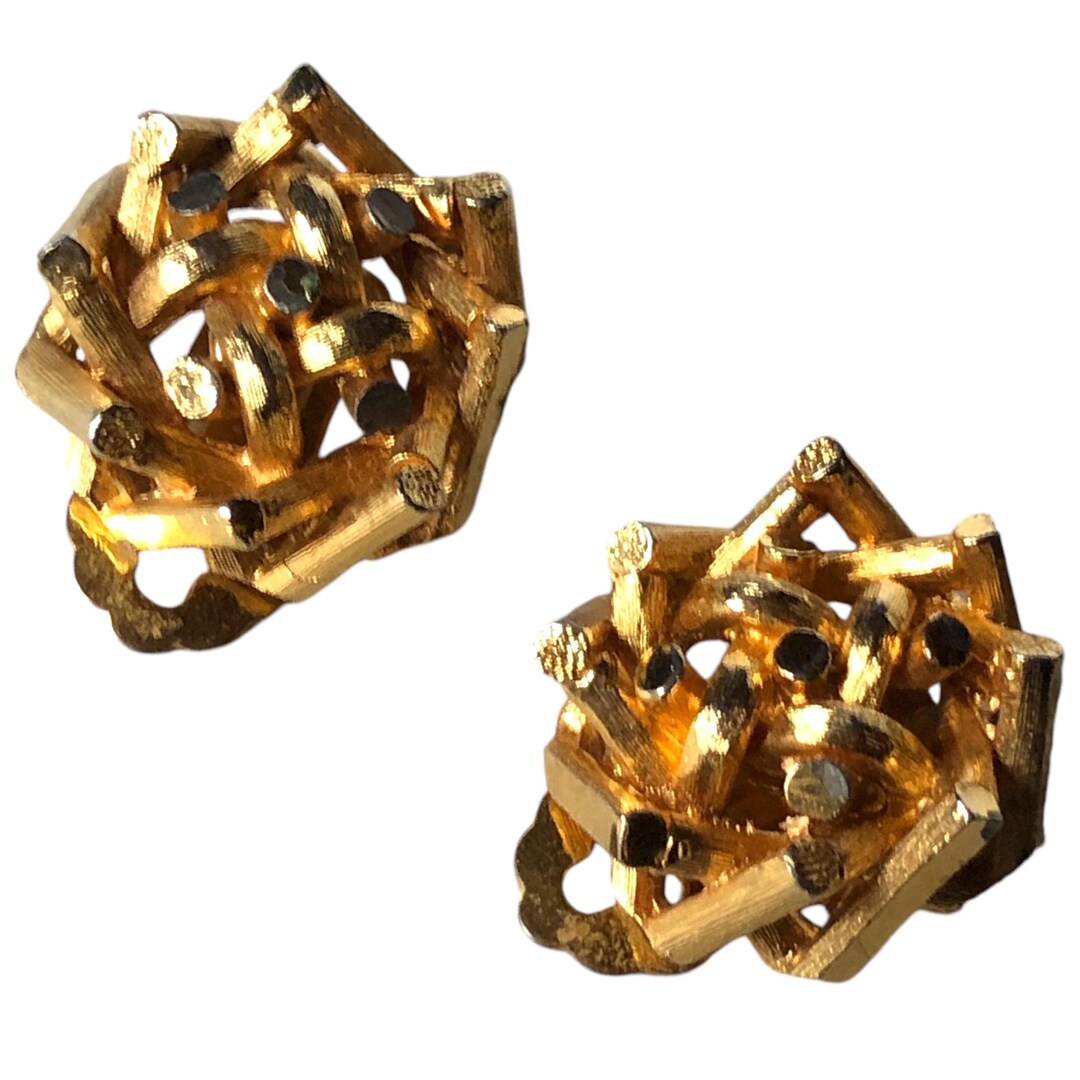 Vintage Gold Plated Modernist Bird Nest Style Clip on Stud Earrings ...