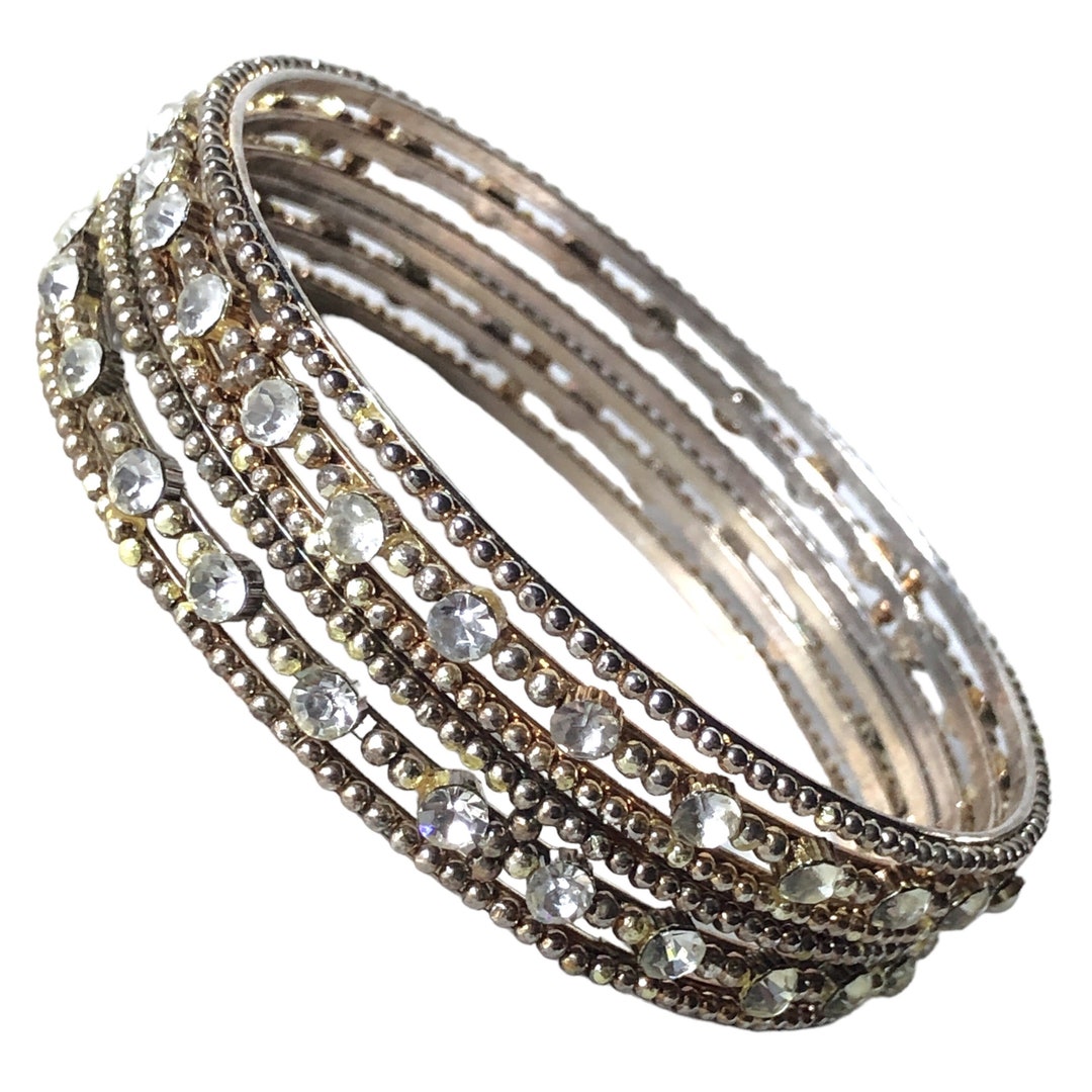 Pair of Ethnic Indian Silver Tone Crystal Stacking Bangles. Indian ...