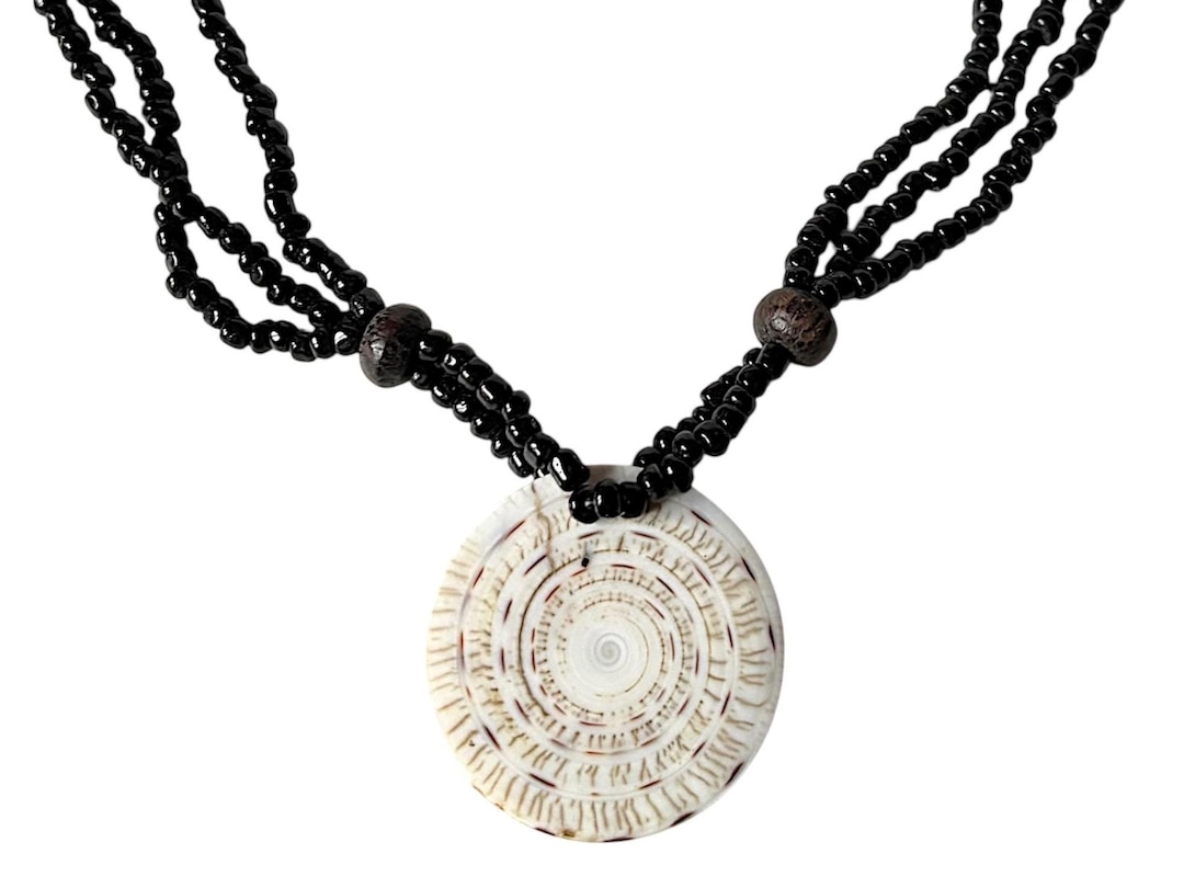 Vintage Sundial Shell Medallion Necklace Black Glass Bead Multi Strand ...