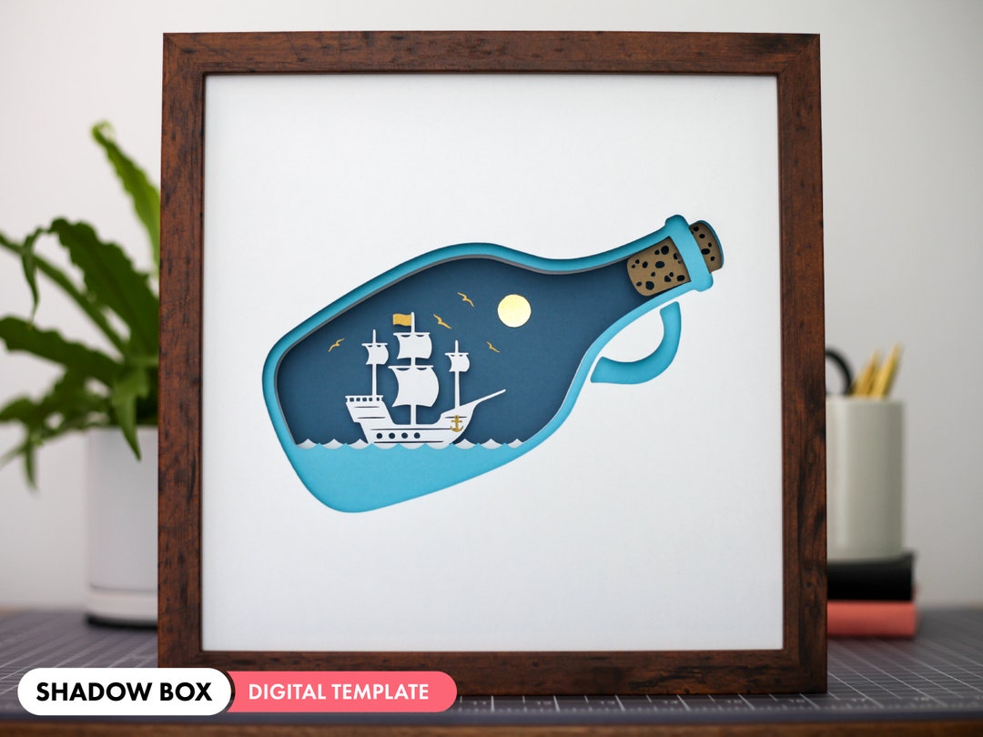 3D Ship in Bottle Shadow Box SVG - Layered Paper Art, Light Box, LED ...