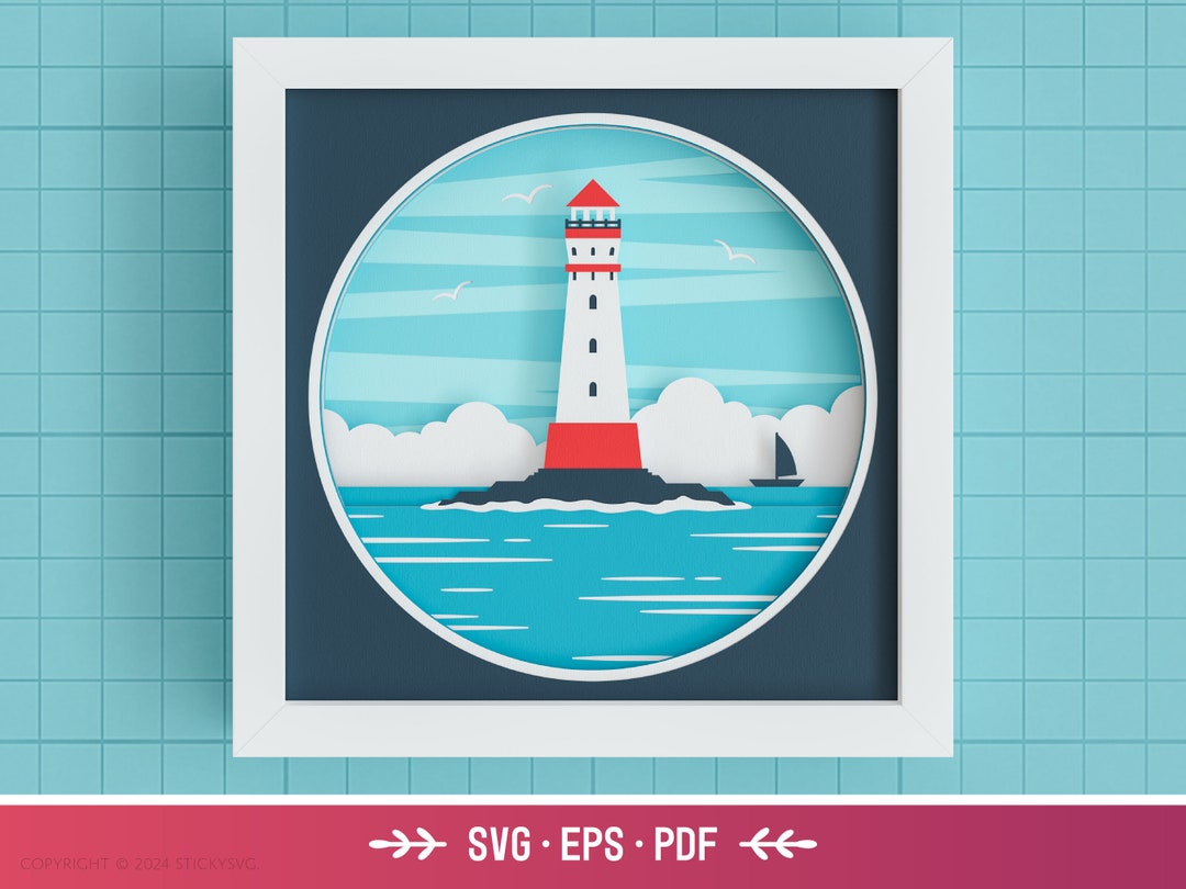 3D Lighthouse Shadow Box SVG - Nautical Landscape, Layered Paper Art, Ocean Files for Cricut and ...