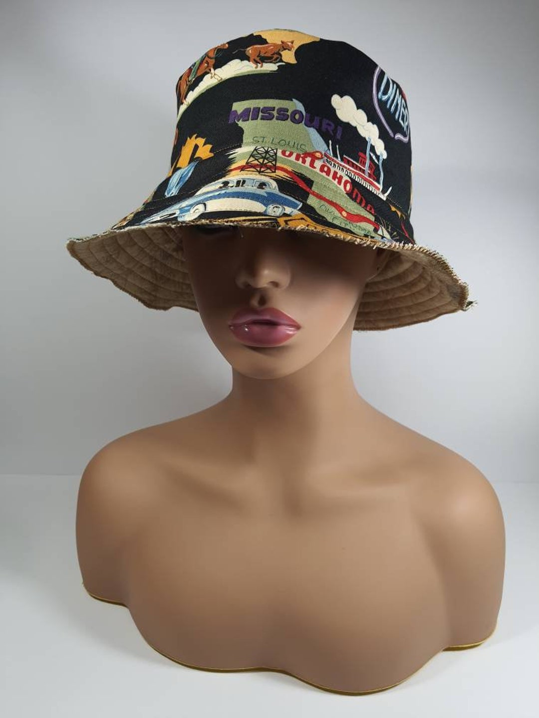 Route 66 Reversible Bucket Hat Raw Edge Medium Cotton Bucket Hat Unisex ...
