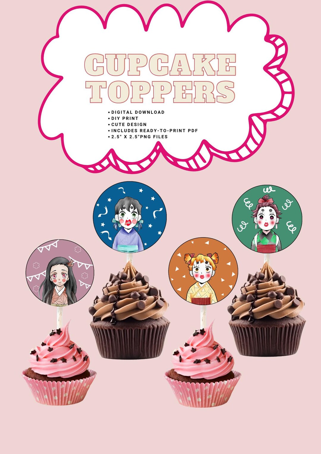 Demon Slayer Kimetsu No Yaiba Funny Cupcake Toppers Birthday Theme ...