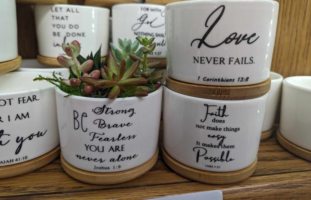 Bible Verse Ceramic Planters With Live Succulent Plant Kit / Christian ...