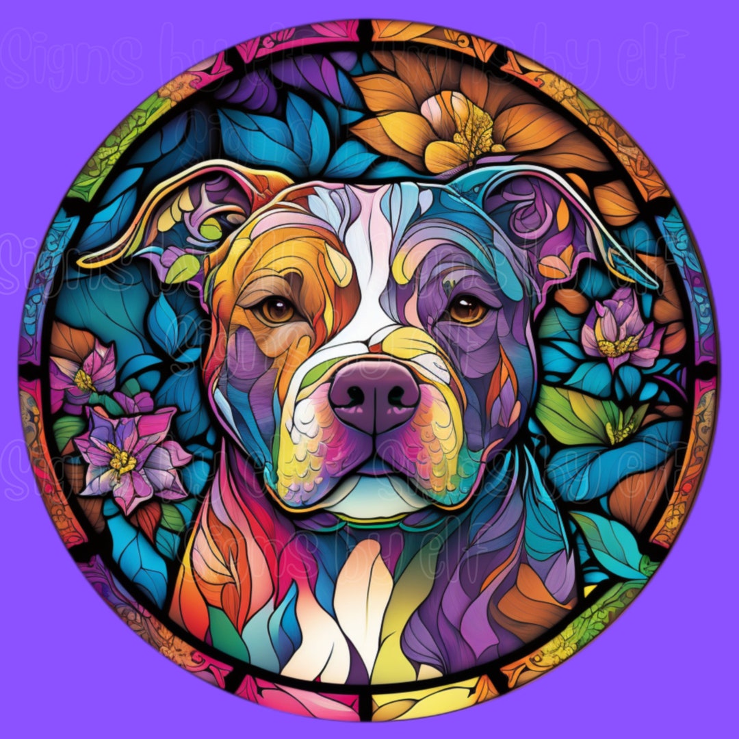 Stained Glass Faux Style Pitbull Round Sign, Pitbull Signs, Faux ...