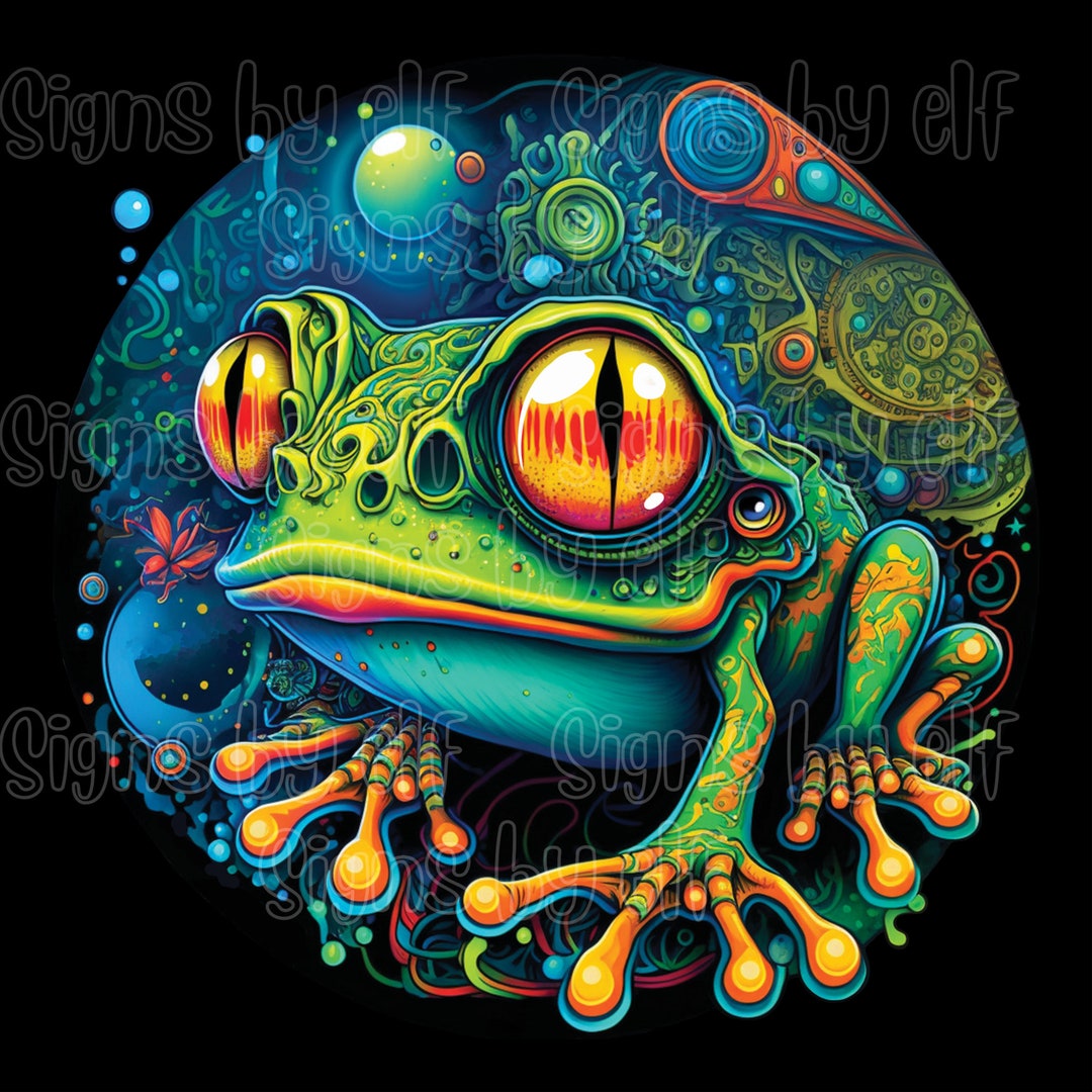 Trippy Big Eyed Frog Sign, Round Sign, Frog Decor, Neon Colors, Frogger ...