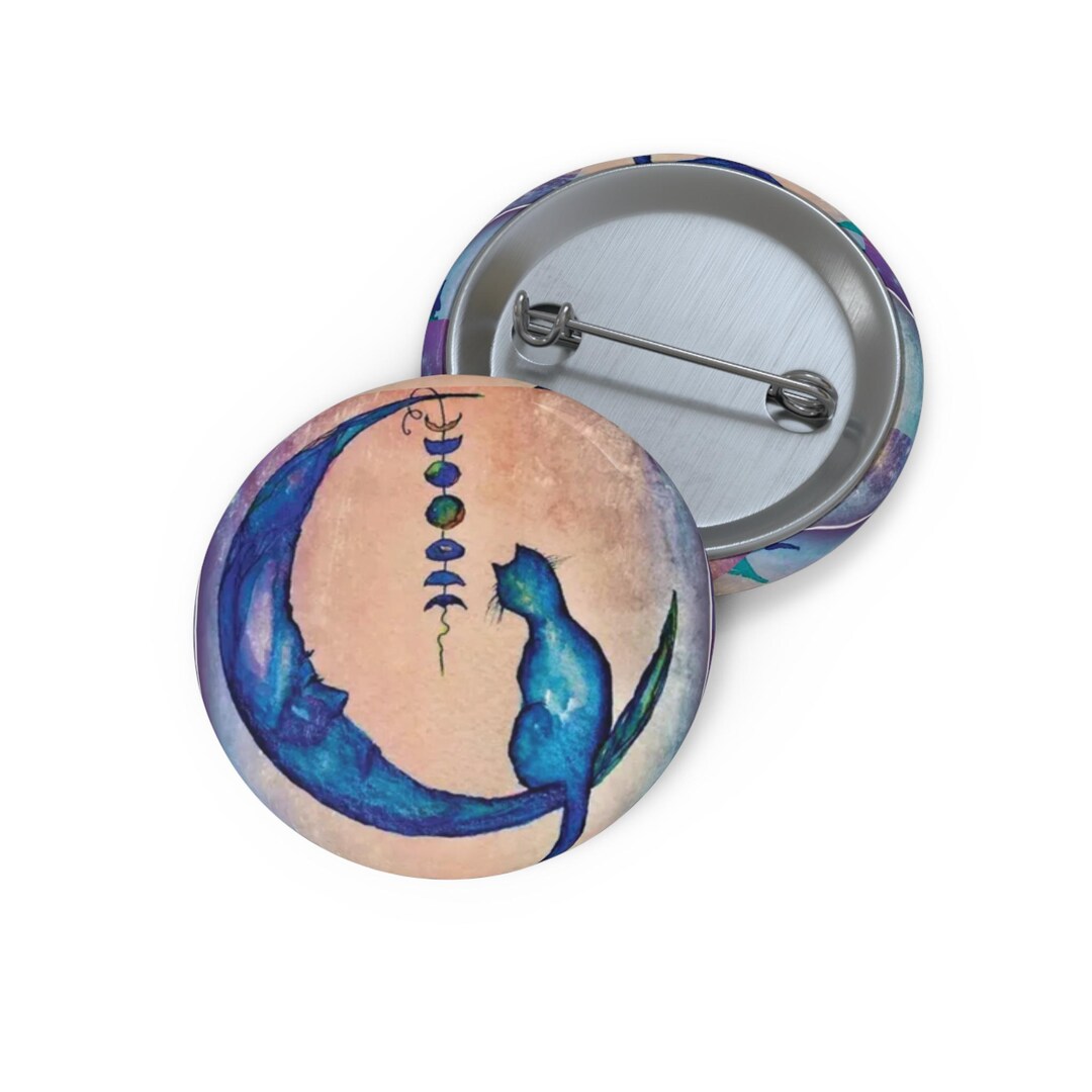 Blue Moon Cat Pin | Whimsical Watercolor Badge - Etsy