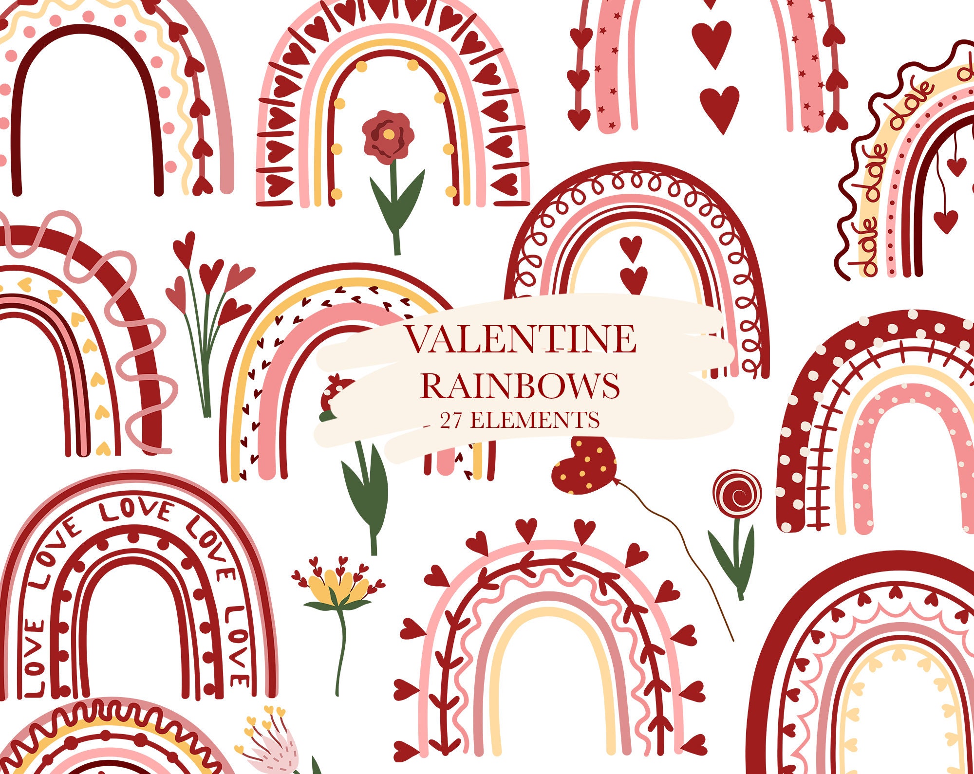 Valentines Rainbows Svg Rainbow Clipart Floral Clipart Love - Etsy