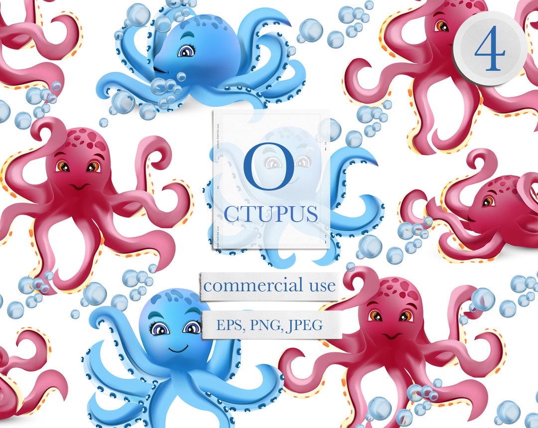 Kawaii Octopus Clipart, Octopus Vector Graphic, Kids Clipart, Sea ...