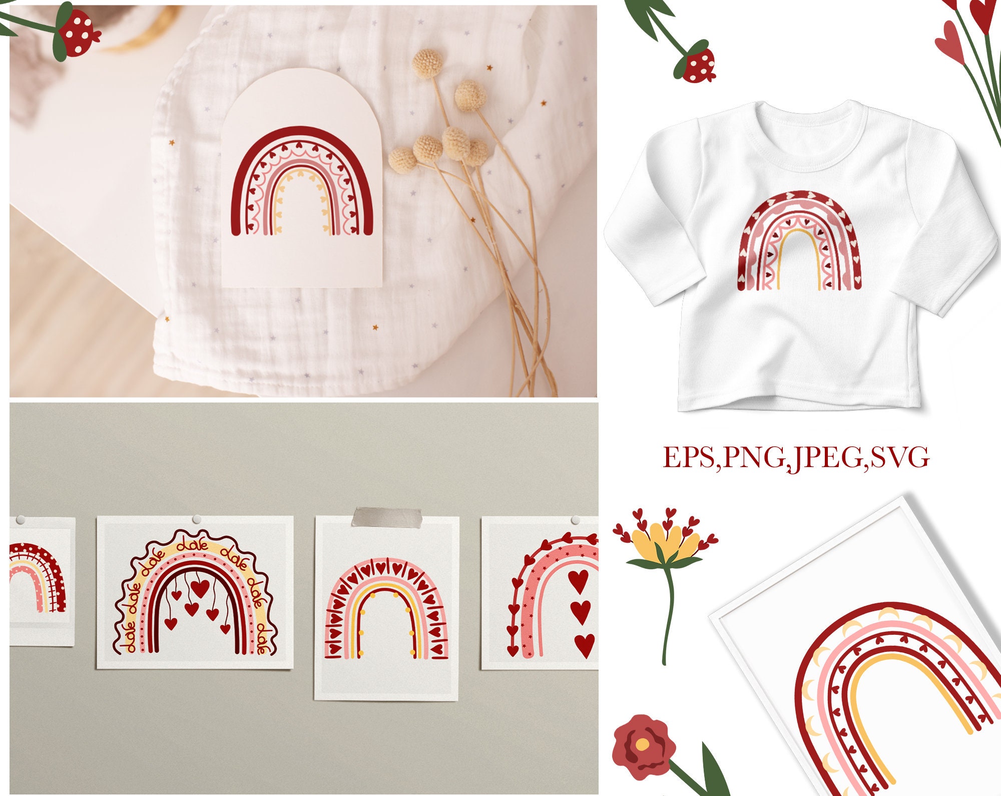 Valentines Rainbows Svg Rainbow Clipart Floral Clipart Love - Etsy