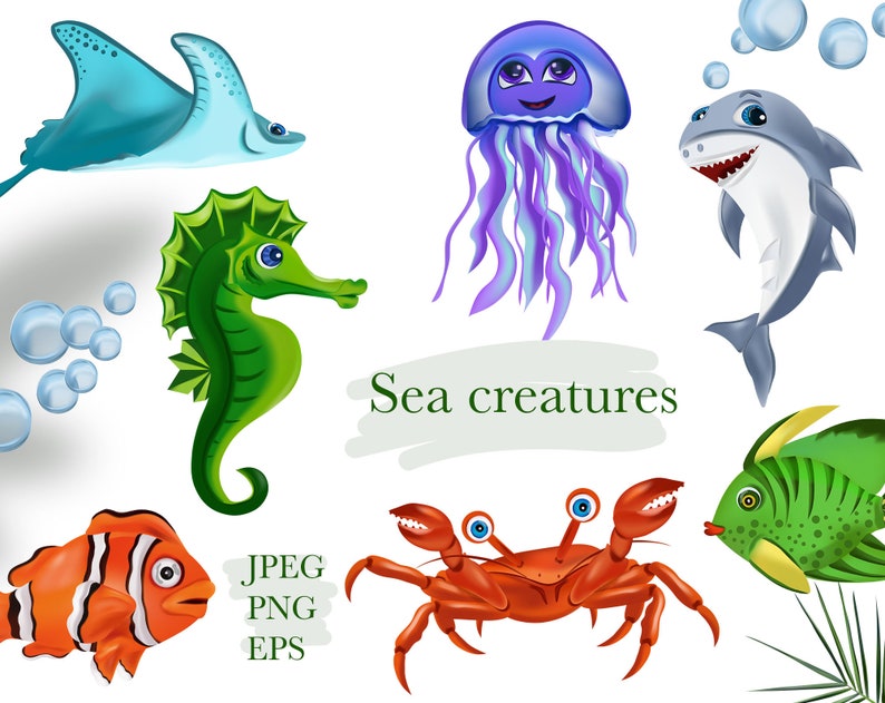 Sea Creatures Clipart Fish Png Shark Clipart Dolphin Png - Etsy