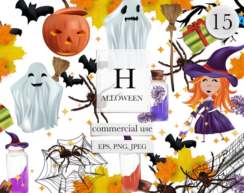 Halloween Party Clipart, Pumpkin Clipart, Witch, Bats, Ghost Clipart ...