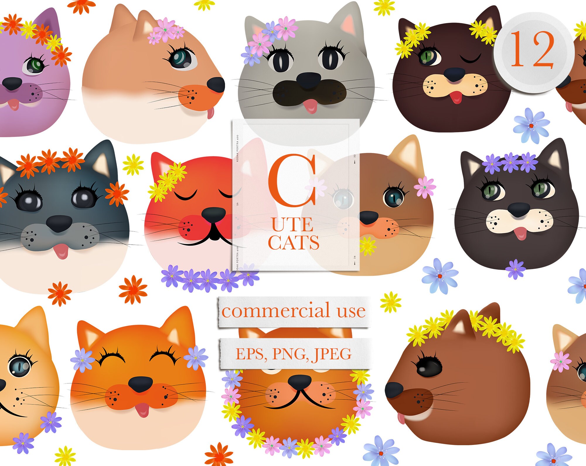 Digital Cat Clipart, Cat Face Clipart, Vector Files, Cute Animals ...