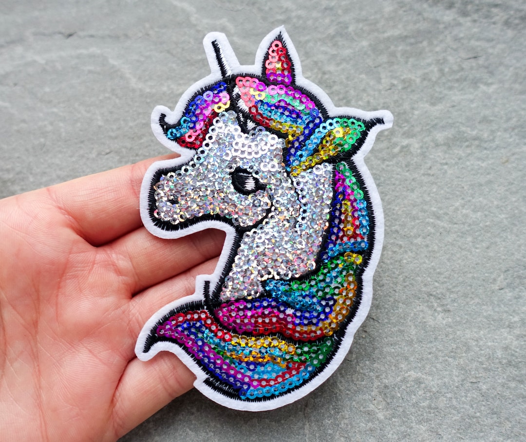 Unicorn Patch, Large Rainbow Sequin Embroidered Patch, Cloth Applique, Iron on or Sew On ...