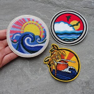 Sunset Ocean Wave Patch, Beach, Sea, Embroidered Round Cloth Applique ...