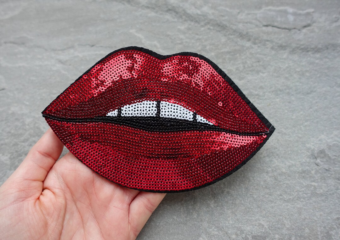 Lips Patch, Red Sequin Lips, Large Embroidered Cloth Applique, Iron on ...