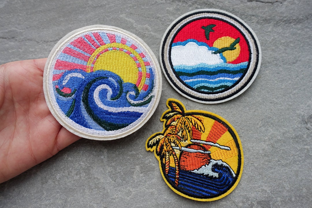 Sunset Ocean Wave Patch, Beach, Sea, Embroidered Round Cloth Applique ...