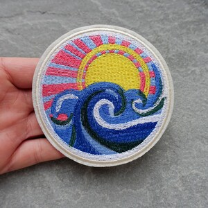 Sunset Ocean Wave Patch, Beach, Sea, Embroidered Round Cloth Applique ...