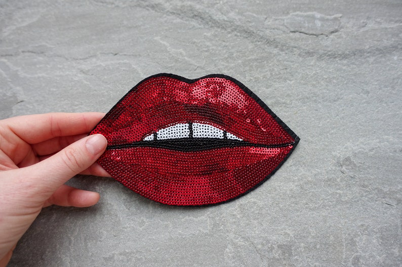 Lips Patch, Red Sequin Lips, Large Embroidered Cloth Applique, Iron on ...