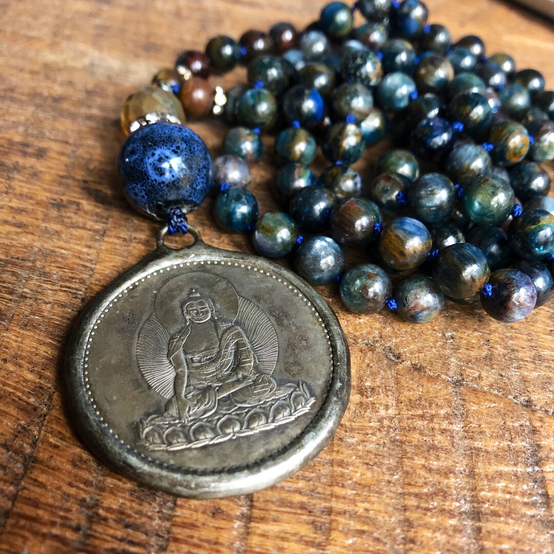 Antique Buddha Coin Necklace Hand Knotted Kyanite Blue Brown - Etsy