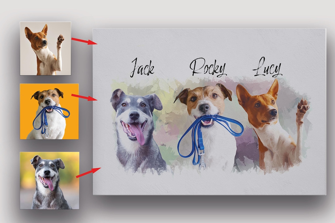 3 Pet Portrait. Multiple Pet Watercolor Painting From Photo ...