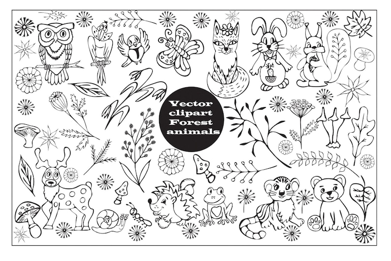 Cute Doodle Woodland Creature Clipart, Forest Animal Clipart, Woodland ...