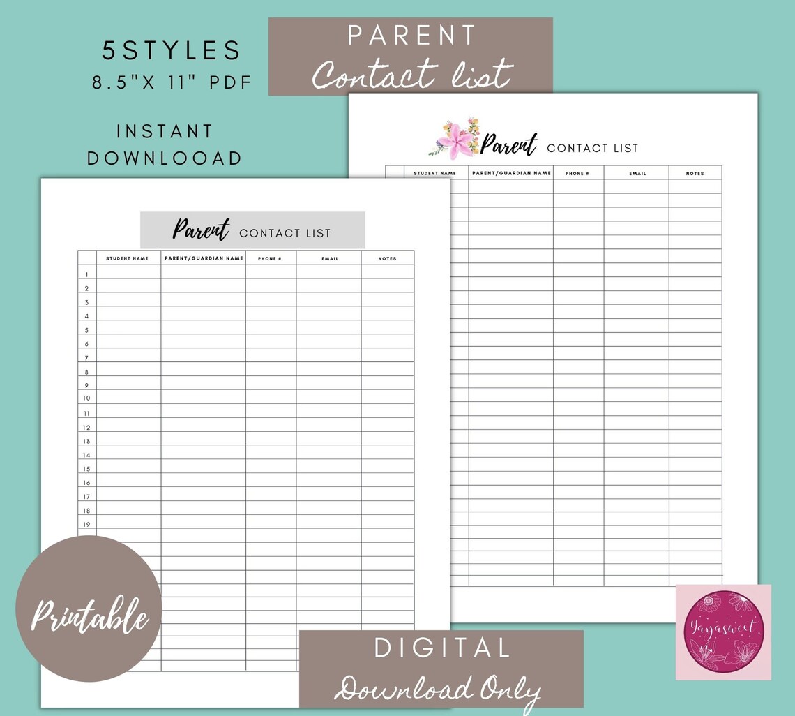 Parent Contact List, Parent Conparent Contact List, Student Contact ...