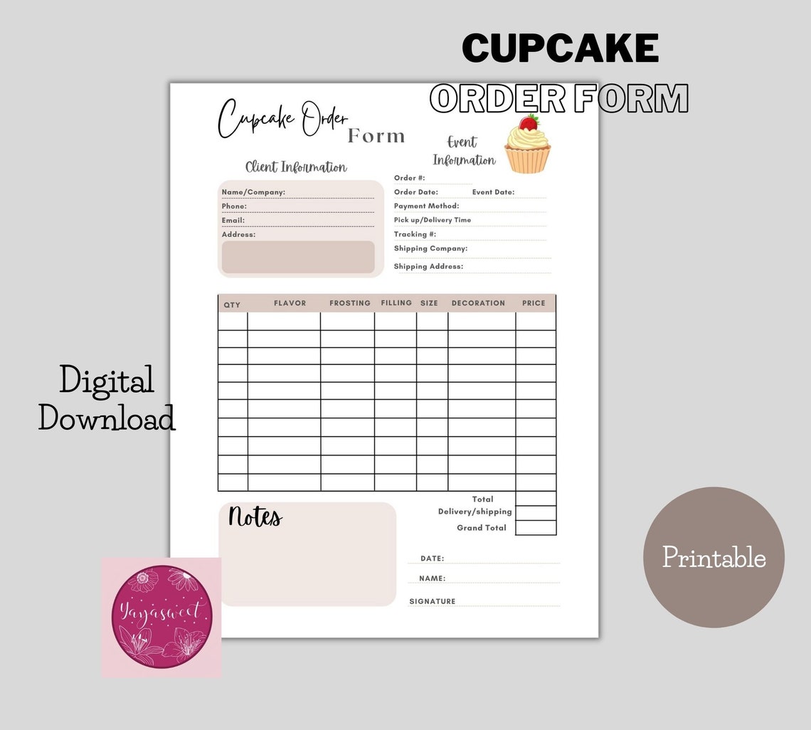 Cupcake Order Form , Printable Bakery Order Form, Instant Digital ...