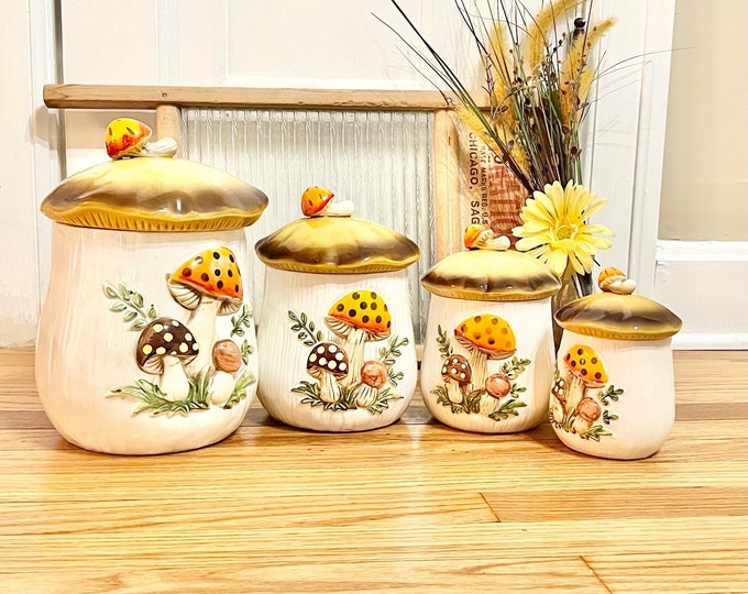 Vintage / Retro Merry Mushroom Ceramic Canister Set of Four (4) / Sears ...