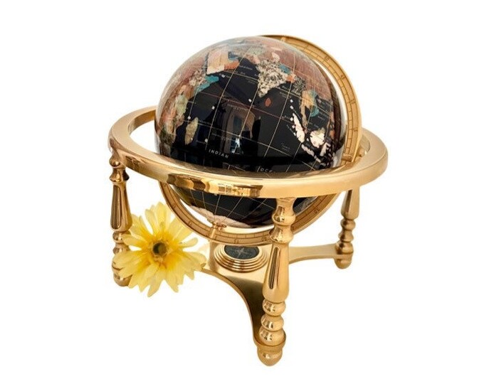 RARE Vintage World Globe Semi-precious Gemstone Inlay 16” Tall / Brass ...