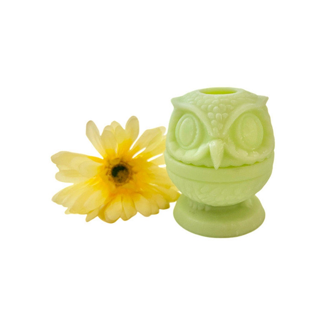 Vintage Fenton Art Glass Custard Green Uranium Glowing Satin Owl Fairy ...