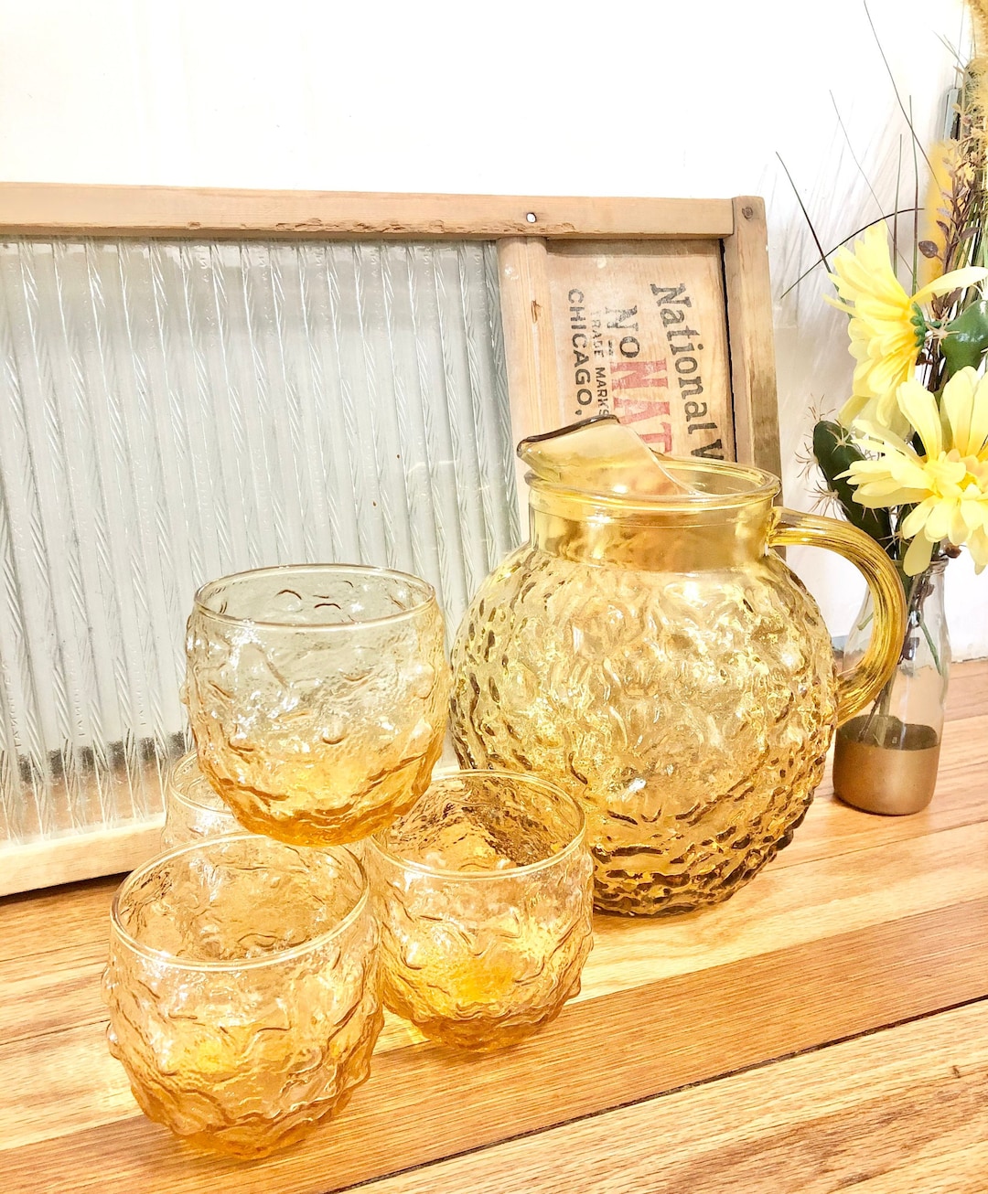 Vintage Anchor Hocking Lido Milano Honey Gold Amber 5 Piece Set 1