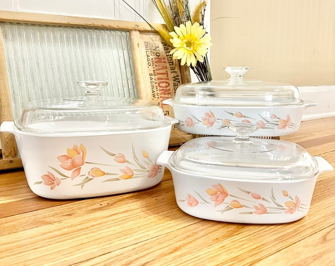 Rare Vintage Corning Ware SET of 3 Peach Floral Design Casserole Dishes ...