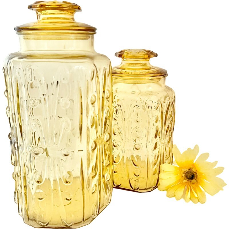 Vintage Set of 2 Amber / Yellow Glass Canisters / Apothecary - Etsy