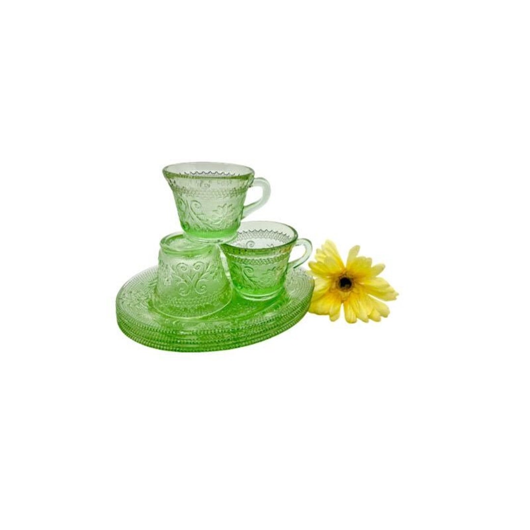 Vintage Tiara Glassware Sandwich Pattern Green 6 Piece Tea Set / Tiara ...
