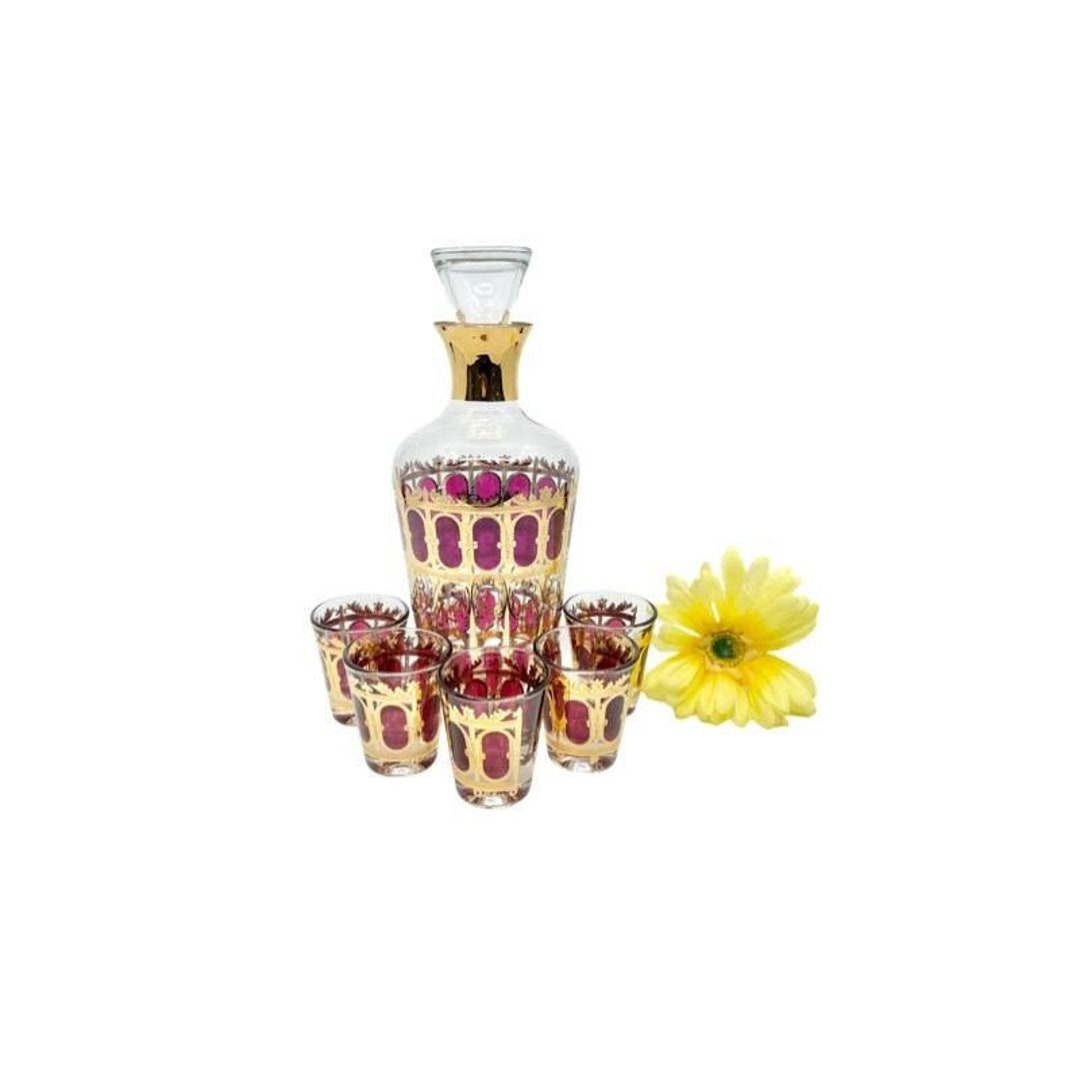 Vintage Culver 22K Gold Cranberry Scroll Decanter Set: Mid-century ...