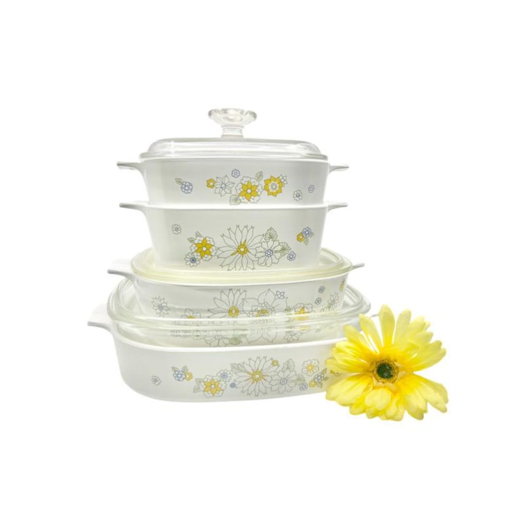 Vintage Corning Ware Yellow Floral Bouquet Bakeware Set of 4 Casserole ...