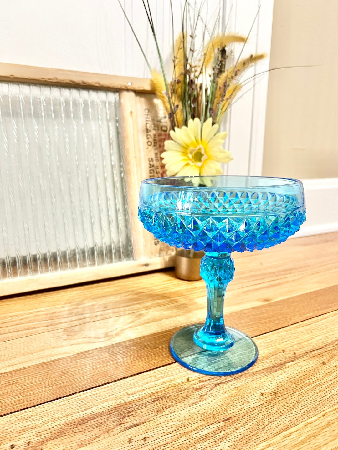 Vintage Indiana Glass Co Diamond Point Tall Footed Compote in Horizon ...