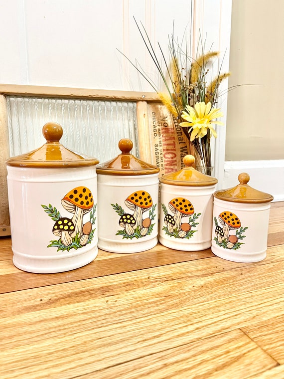 Vintage 1970 Sears and Roebuck Merry Mushroom 4 piece canister set ... Vintage 1970 Sears and Roebuck Merry Mushroom 4 piece canister set ...