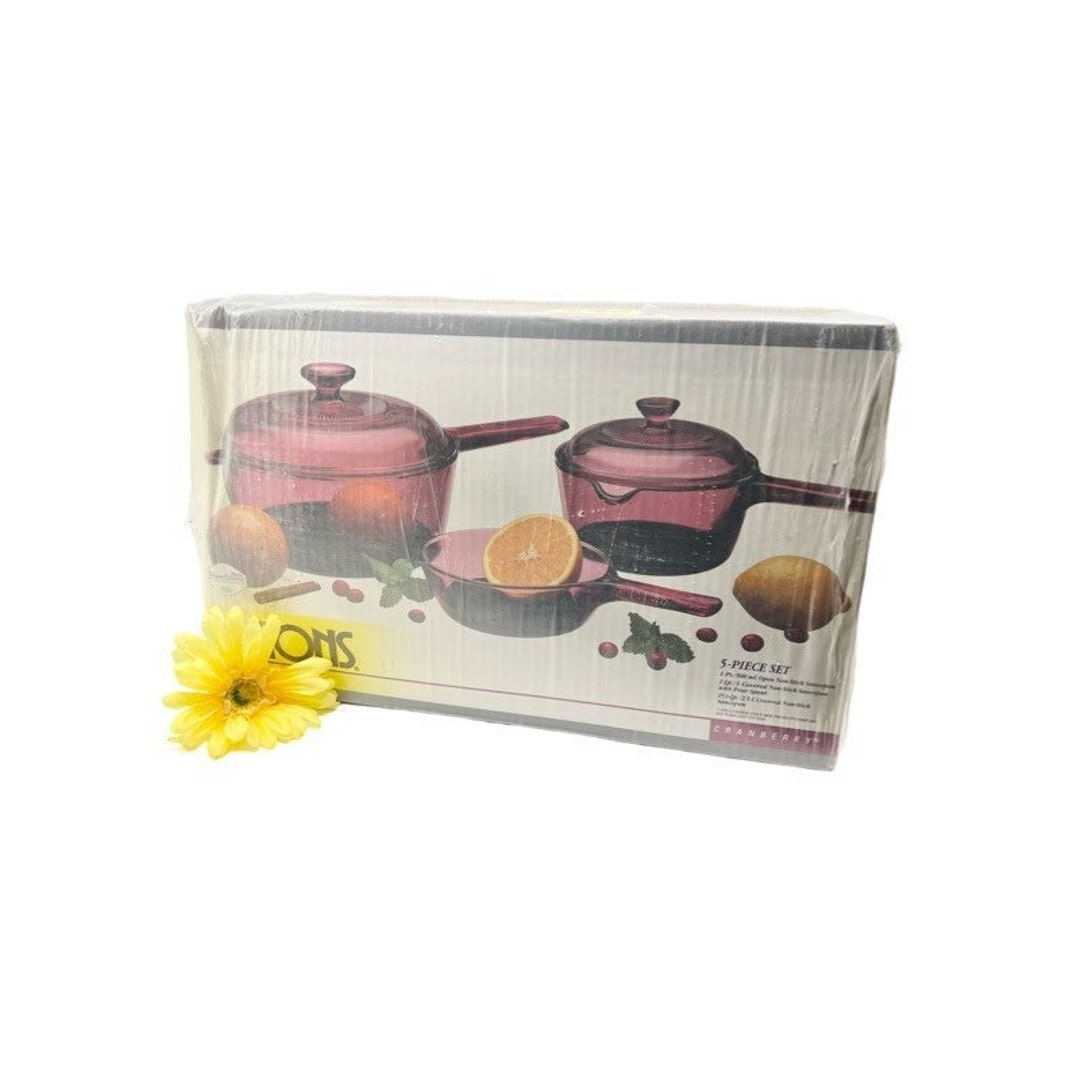 New Vintage COMPLETE VISION Cranberry Corning Ware/pyrex 5 Piece ...