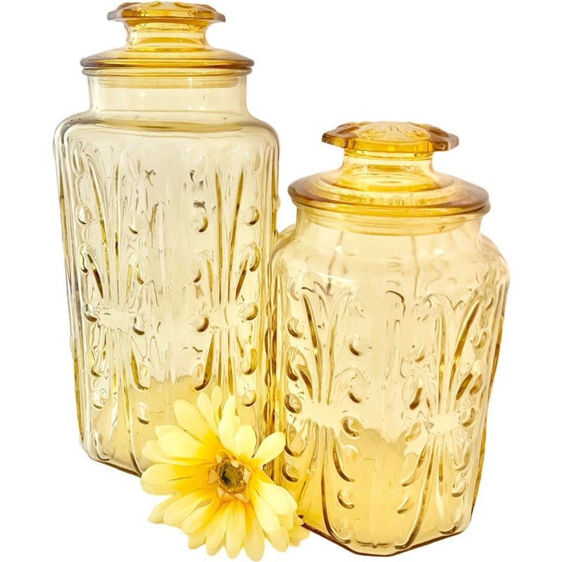 Vintage Set of 2 Amber / Yellow Glass Canisters / Apothecary - Etsy