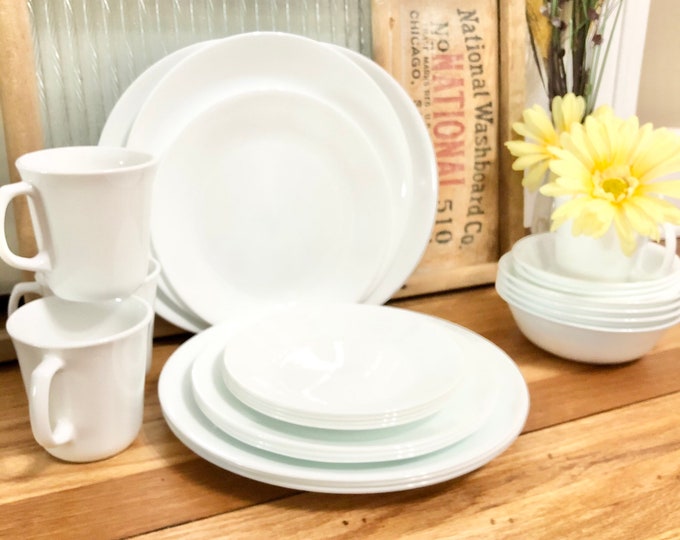 Vintage Corelle/corning White Coupe Dinnerware 25 Piece Set for 4 / ...
